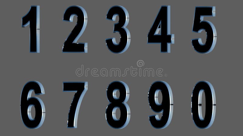 Set of 3D Numbers. Black Font with Metallic Sides, in Gray Background ...