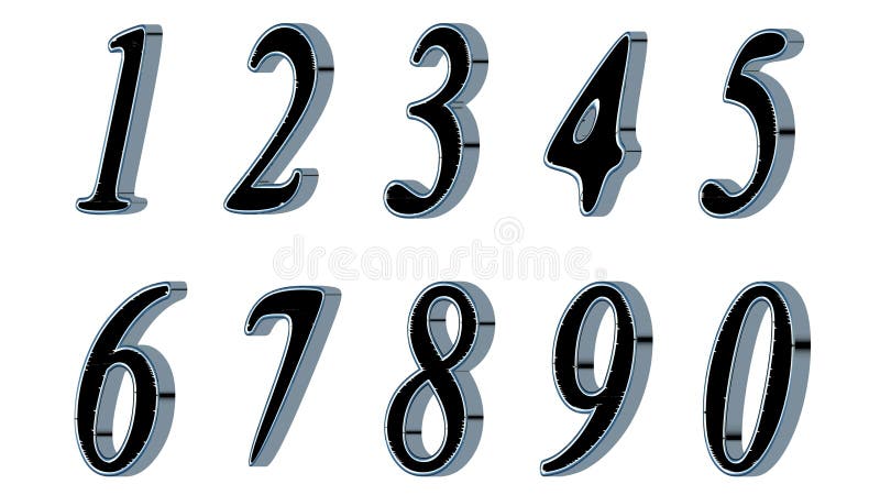 Set of 3D Numbers. Black Font with Metallic Sides, in White Background ...