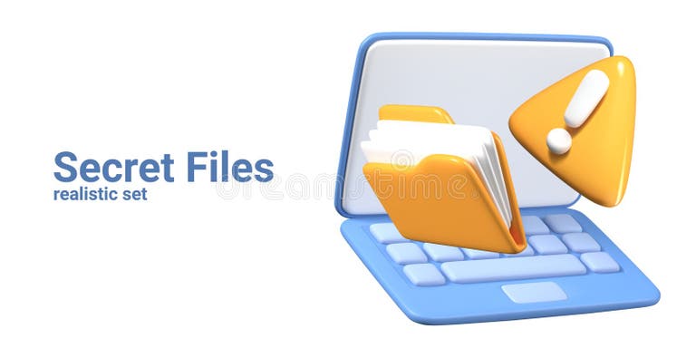 Set of 3D Objects for Concepts with Secret Files. Open Laptop, Warning ...
