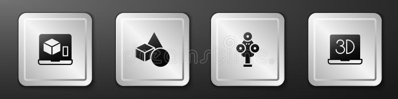 Set 3D Printer, Basic Geometric Shapes, Scanner and Icon. Silver Square ...