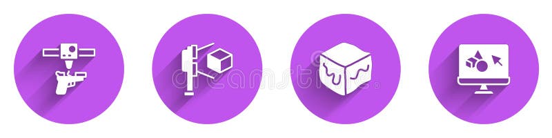 Set 3D Printer Gun, Scanner with Cube, Isometric and Software Icon with ...