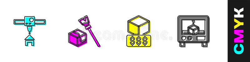 Set 3D Printer House, Isometric Cube, Services and Icon. Vector Stock ...