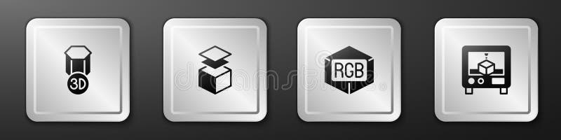 Set 3D Printer, Layers, RGB and CMYK Color Mixing and Icon. Silver ...