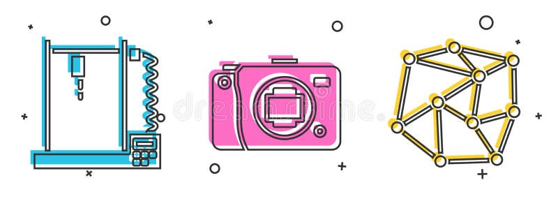 Set 3D Printer, Mirrorless Camera and Neural Network Icon. Vector Stock ...