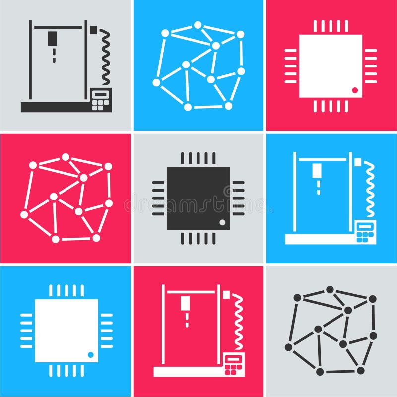 Set 3D Printer, Neural Network and Processor with Microcircuits CPU Icon. Vector Stock Vector ...