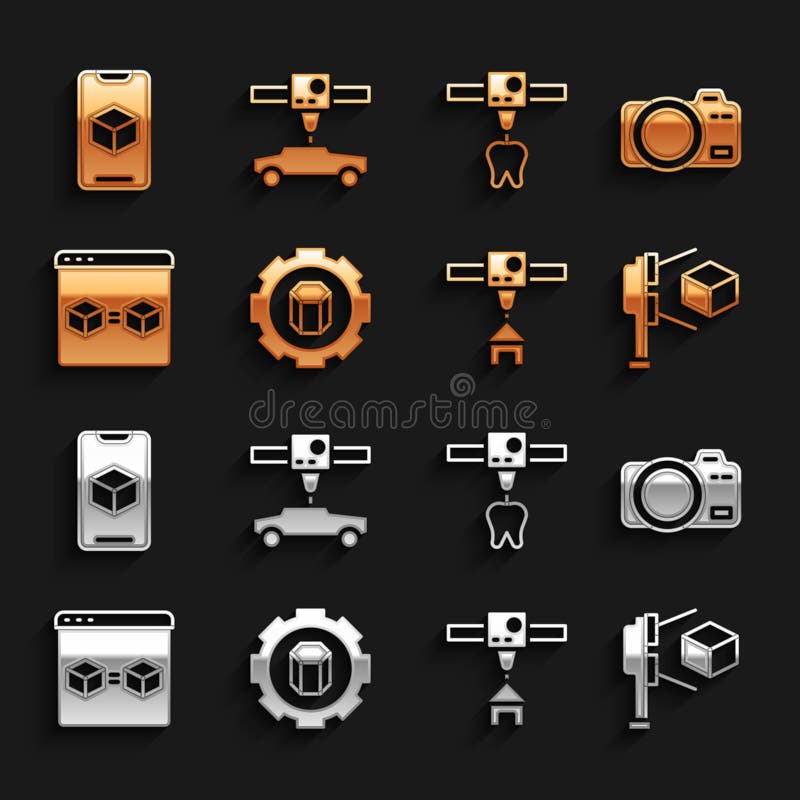 Set 3D Printer Setting, Photo Camera, Scanner with Cube, House, Perfect ...