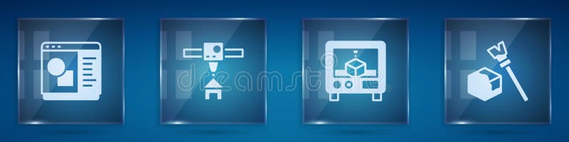 Set 3D Printer Software, House, and Isometric Cube. Square Glass Panels ...