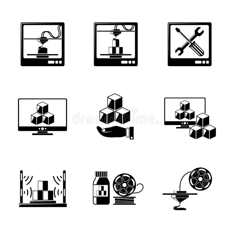 Set of 3D Printing Icons - Printers, Pc with 3d Stock Vector ...