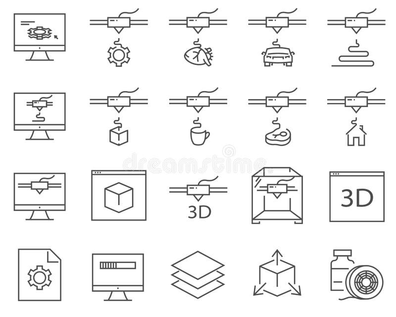 Set of 3D Printing Line Vector Icons. Stock Vector - Illustration of ...