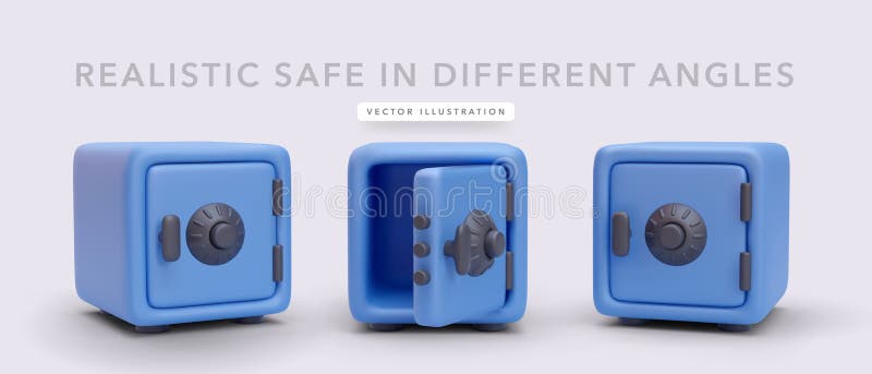 Set of 3d Realistic Blue Safe in Different Angles with Shadow Isolated ...