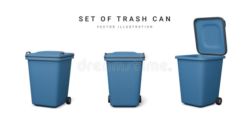 Set of 3d Realistic Blue Trash Cans Isolated on White Background ...