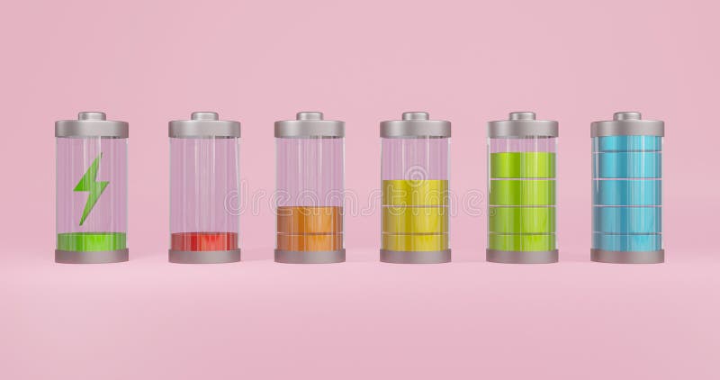 Set 3d Render of Lithium Batteries with Colorful Charging Level on Pink ...