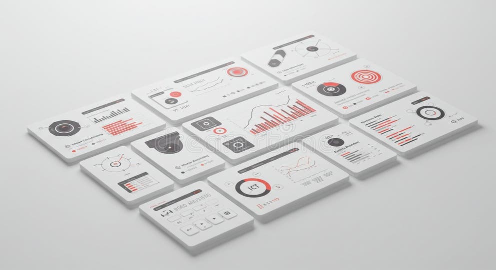 A Set of 3D-rendered Dashboard Interfaces Arranged in a Grid Pattern on ...