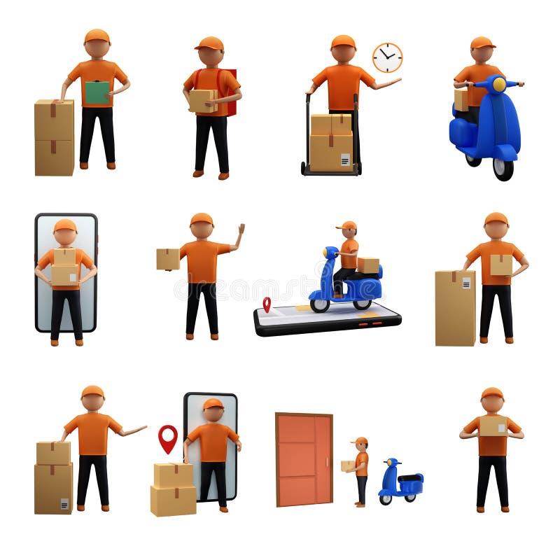 Set of 3D Rendering Delivery Boy with Parcel Boxes Against White Stock ...