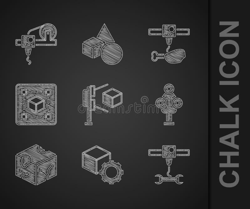 Set 3D Scanner with Cube, Isometric, Printer Wrench Spanner, Geometric ...