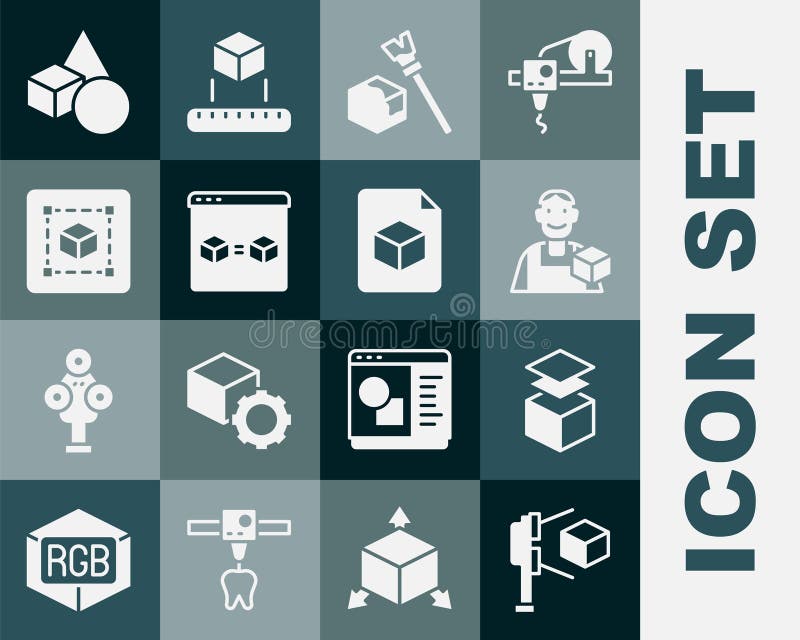 Set 3D Scanner with Cube, Layers, Graphic Designer, Isometric, Printer ...