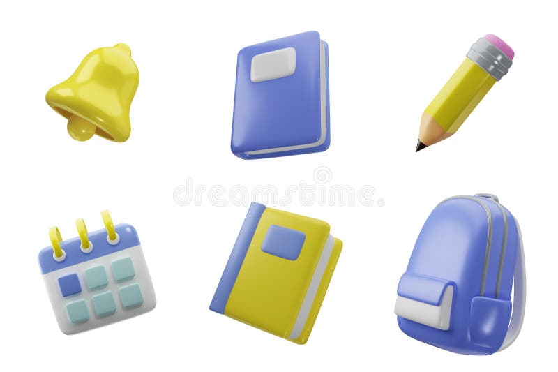 Set of 3D School Icons, Accessories for Learning. Backpack, Calendar ...