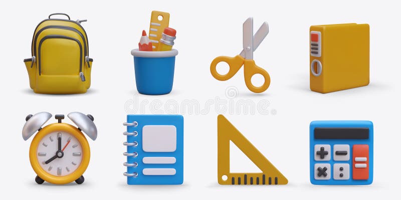 Set of 3D School Objects, Front View. Colored Student Icons in Cartoon ...