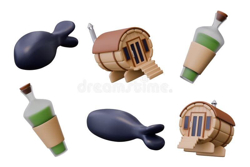 Set of 3D Spa Objects in Different Positions. Fish, Sauna Barrel, Glass ...