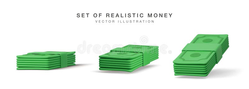 Set of 3D Stack of Dollar USA. Render Green Paper Pack of Money. Paper ...