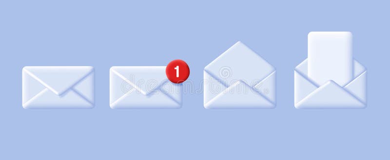 Set of 3d White Mail Envelops, Open with Document and Closed with Red ...