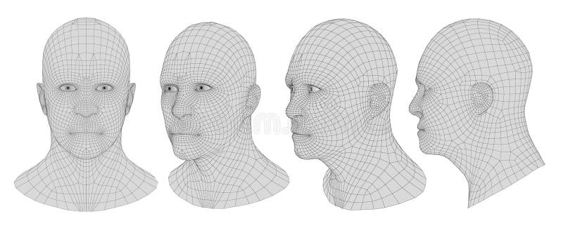 Set with 3d Wireframe Human Head of a Man in Positions. 3D Vector ...