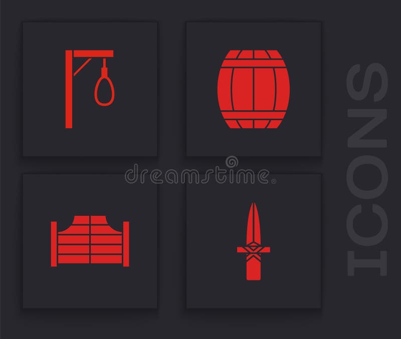 Set Dagger, Gallows, Gun Powder Barrel and Saloon Door Icon. Vector ...