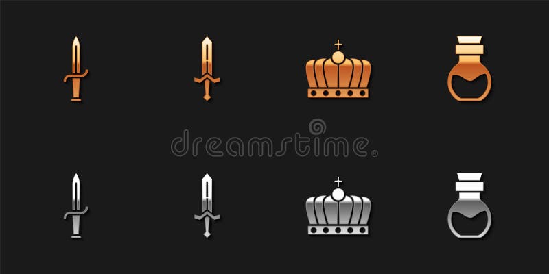 Set Dagger, Medieval Sword, King Crown and Poison Bottle Icon. Vector ...