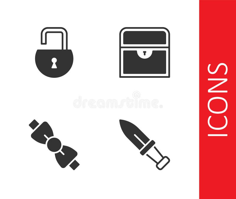 Set Dagger, Open Padlock, Bow Tie and Antique Treasure Chest Icon ...