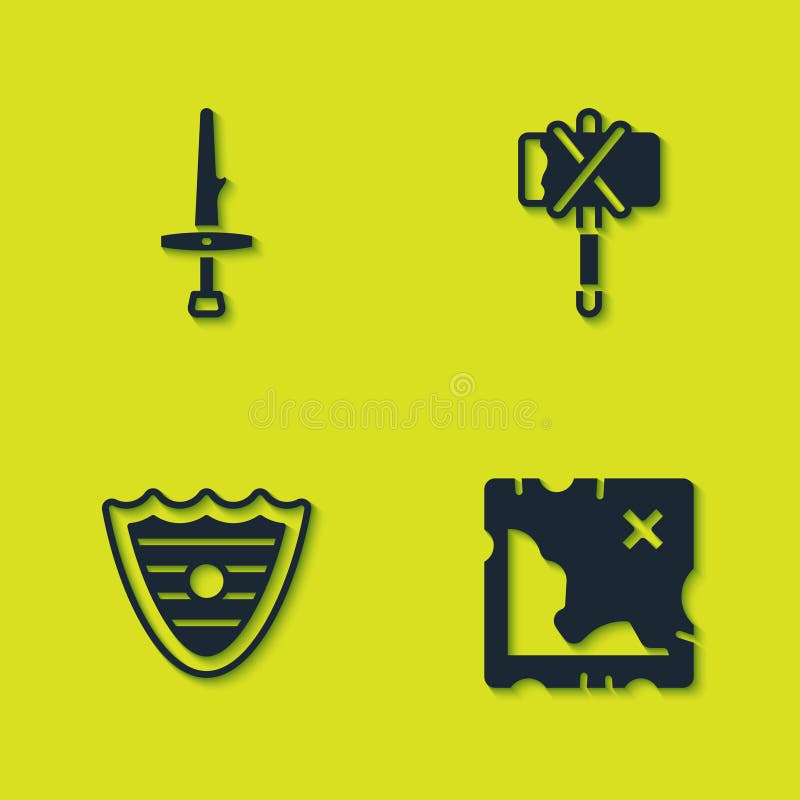 Set Dagger, Pirate Treasure Map, Shield and Medieval Axe Icon. Vector ...