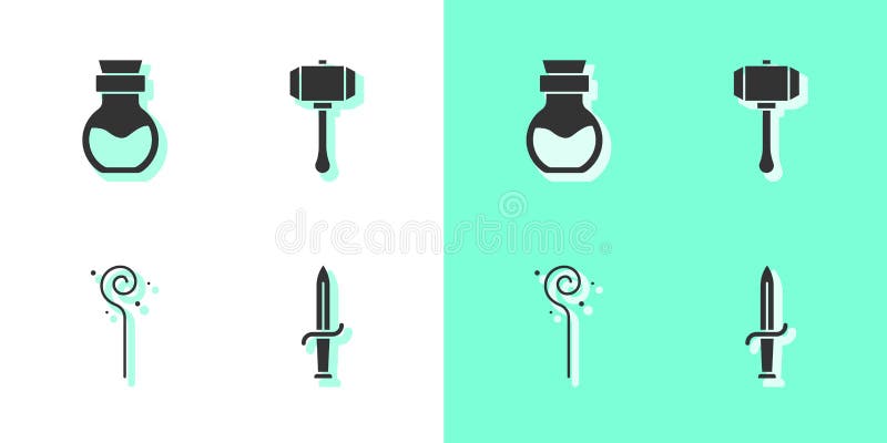 Set Dagger, Poison in Bottle, Magic Staff and Hammer Icon. Vector Stock ...