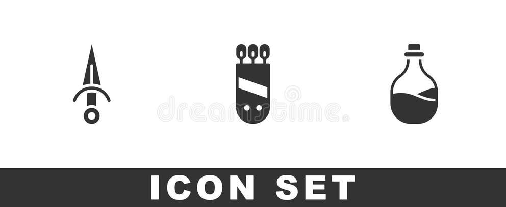 Set Dagger, Quiver with Arrows and Old Bottle of Wine Icon. Vector ...
