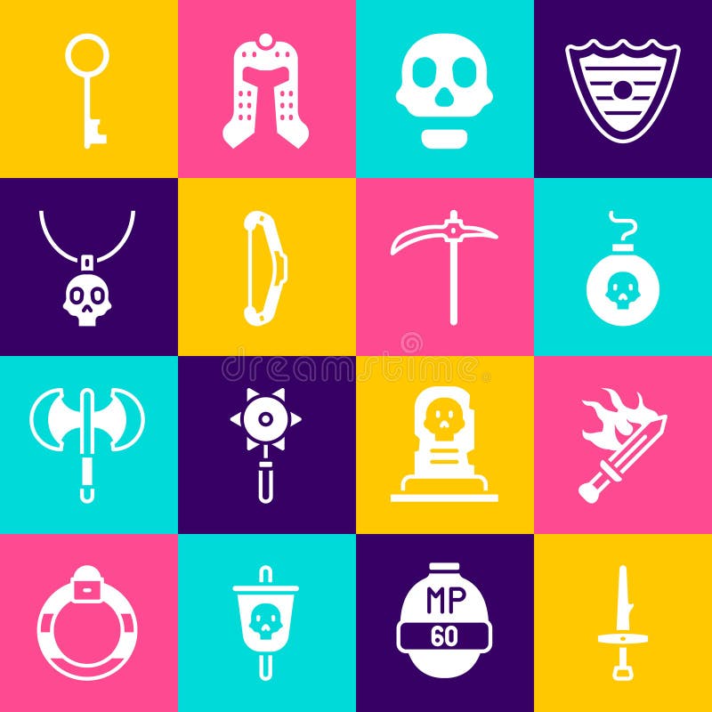 Set Dagger, Sword for Game, Bomb Ready To Explode, Skull, Medieval Bow ...
