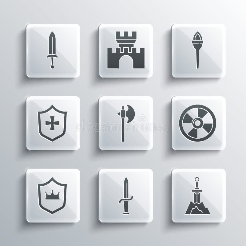 Set Dagger, Sword in the Stone, Round Wooden Shield, Medieval Axe ...