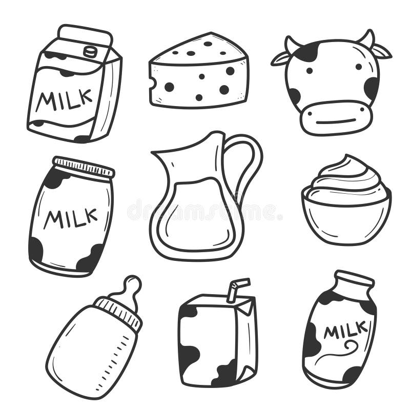 Set of Dairy Milk Vector Illustrations with Hand-drawn Style Isolated ...