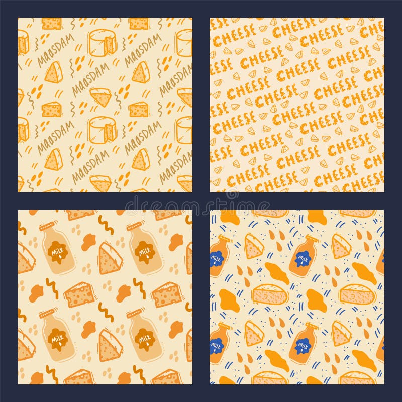 A Set of Dairy Doodle Icons. Round and Sliced Cheeses, Maasdam, Curd ...