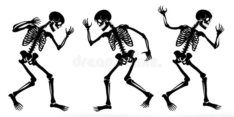 Set of Dancing Skeletons for Halloween. Black and White Silhouettes ...