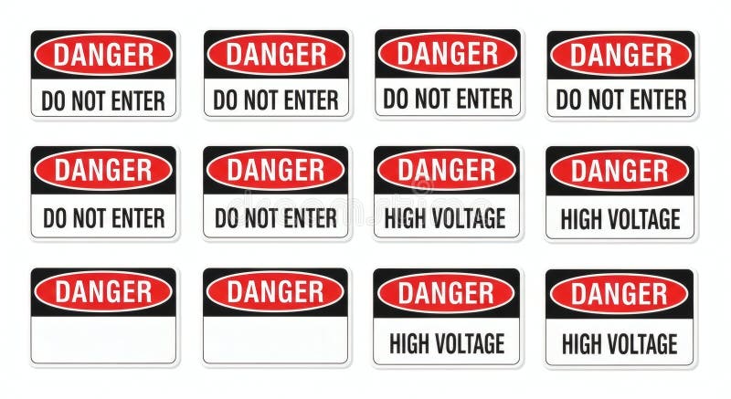 Set of Danger Warning Signs: High Voltage, Do Not Enter, and Blank ...