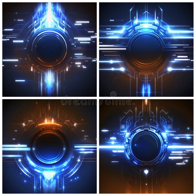 Set of Dark Blue Tech Illustrations. Modern Compositions Stock ...