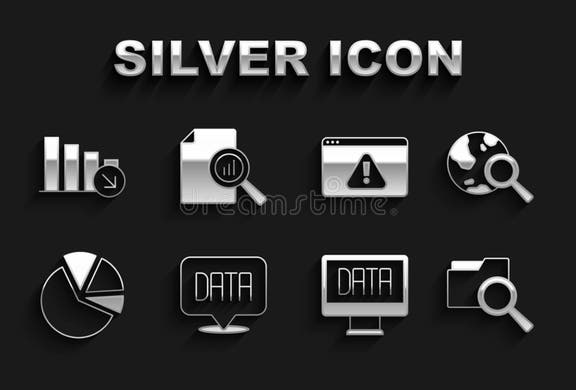Set Data Analysis, Search Globe, with Folder, Pie Chart Infographic, Browser Exclamation Mark ...