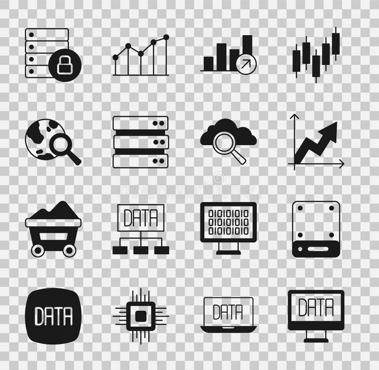 Set Data Analysis, Server, Financial Growth, Search Globe, Security with Padlock and Cloud ...