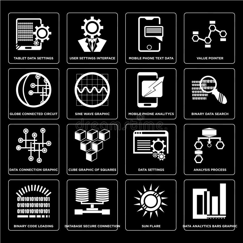 Set of Data Analytics Bars Graphic, Sun Flare, Binary Code Loading, Data Search, Analysis ...