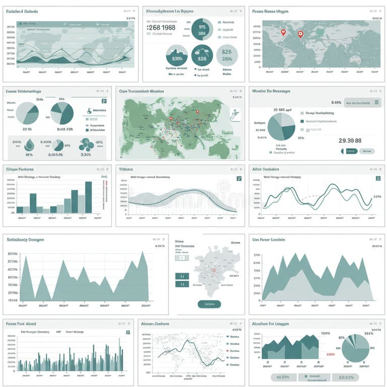 A Set of Data Visualization Charts and Graphs Arranged in a Grid Layout ...