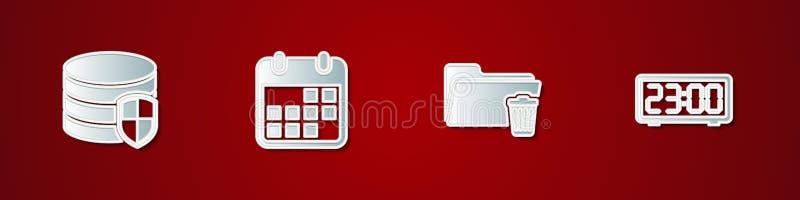 Set Database Protection, Calendar, Delete Folder and Digital Alarm Clock Icon. Vector Stock ...