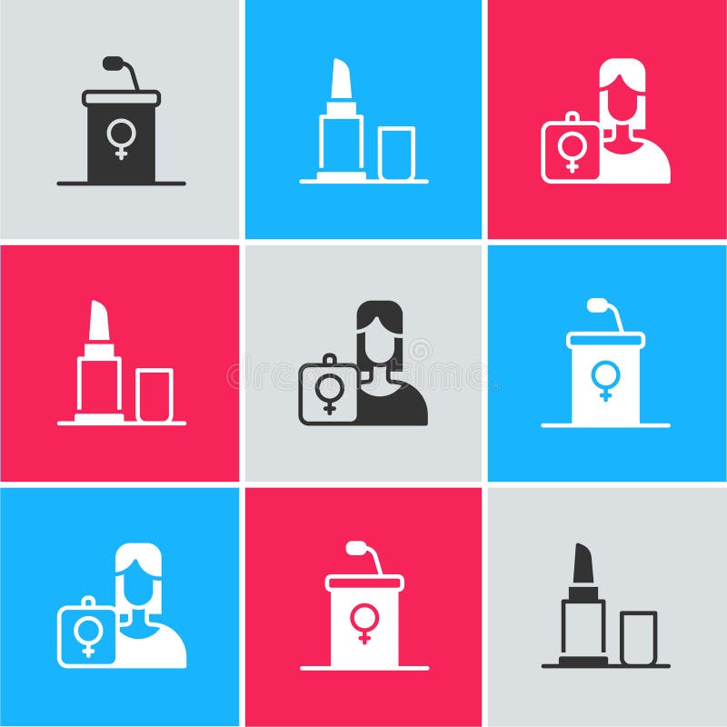 Set Debate Podium Rostrum Lipstick And Feminist Activist Icon Vector
