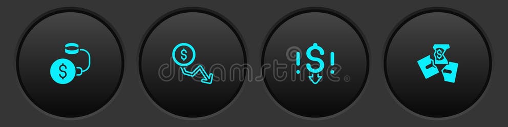 Set Debt Ball Chained To Coin, Dollar Rate Decrease, and Tearing Money Banknote Icon. Vector ...