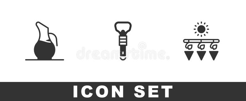Set Decanter for Wine, Bottle Opener and Drying Grapes Icon. Vector ...