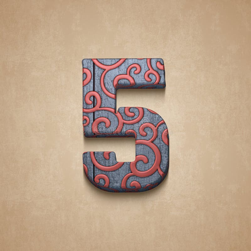 Set of Decorated Wooden Numbers, 3d Rendering, Five Stock Illustration ...
