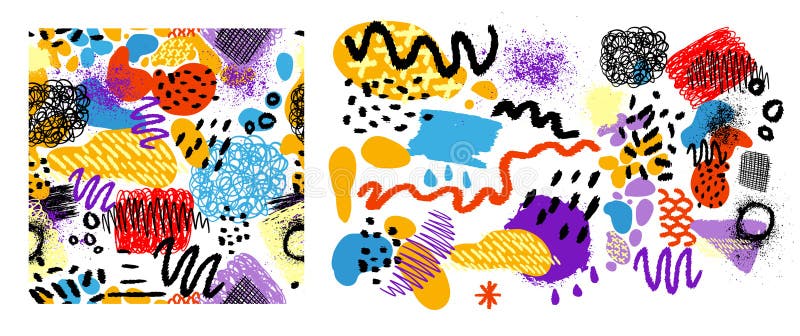 Set of Decorative Colored Elements and Seamless Background. Hand Drawn ...