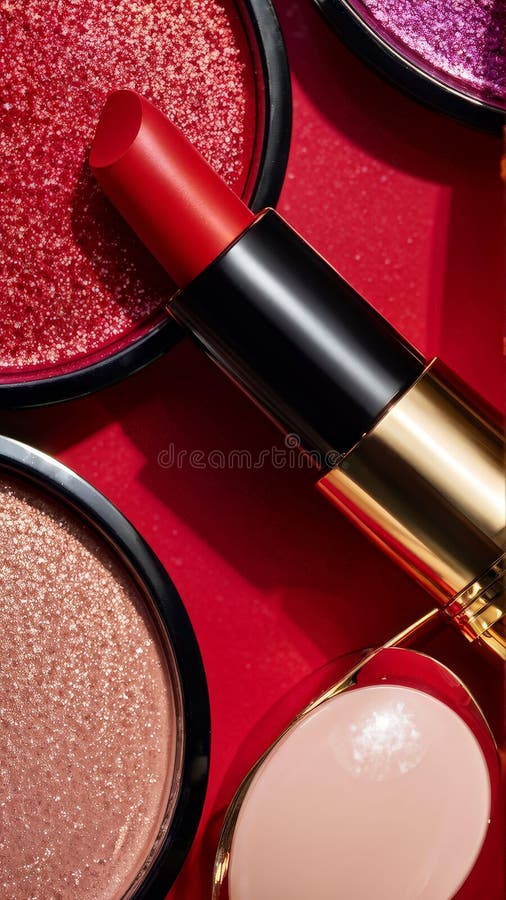 Set of Decorative Cosmetics and Accessories on Red Background, Closeup ...